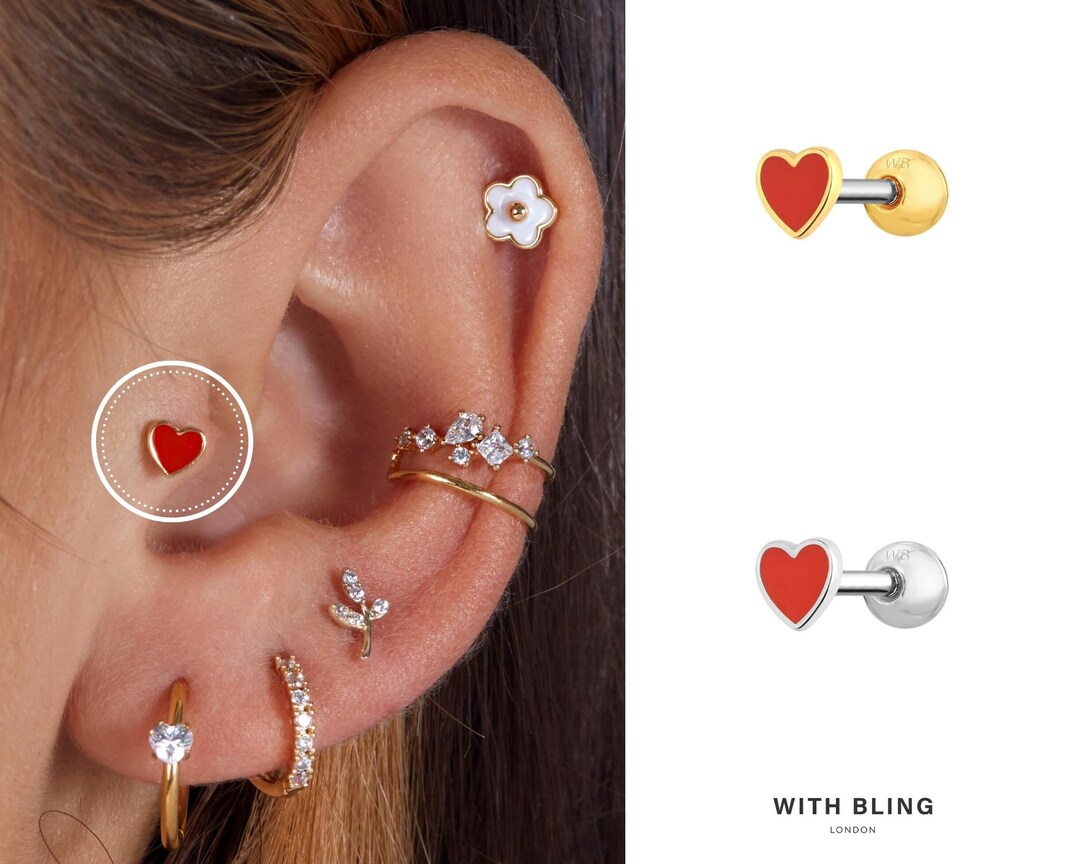 Red Heart Piercing, Titanium Post Barbell Earring, Labret Earring ...