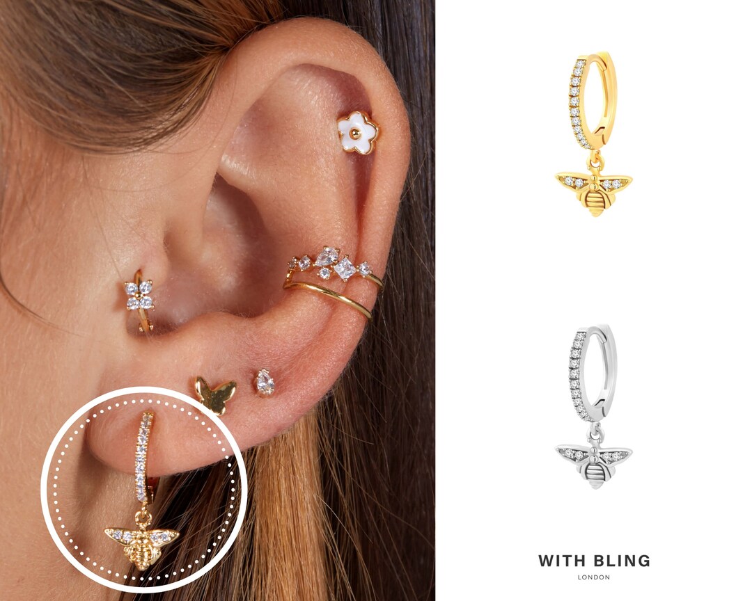 Dancing Bee Hoop, Single Hoop, Lobe Hoop, Modern Hoop, Small Hoop ...