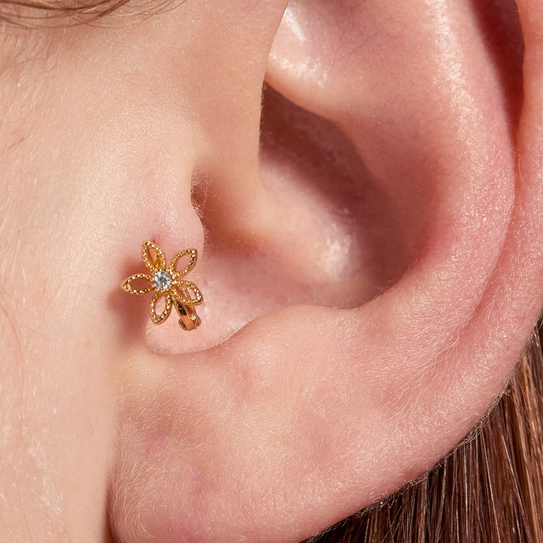 Hollow Flower Huggie Hoop, 6mm Hoop, Tragus Hoop, Rook Hoop, Forward ...
