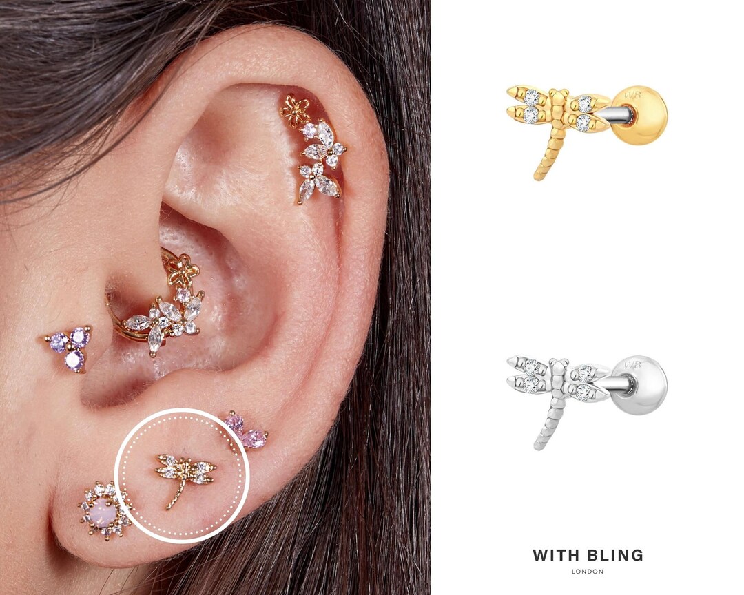Dragonfly Piercing, Titanium Post Barbell Earring, Labret Earring, Curved Barbell Earring, Helix ...