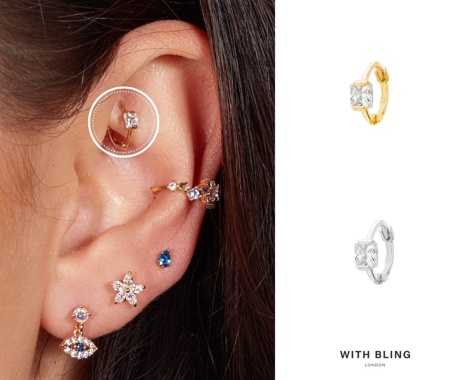 9K Solid Gold Hoop Square Cubic Huggie Hoop 6mm Hoop Gold - Etsy