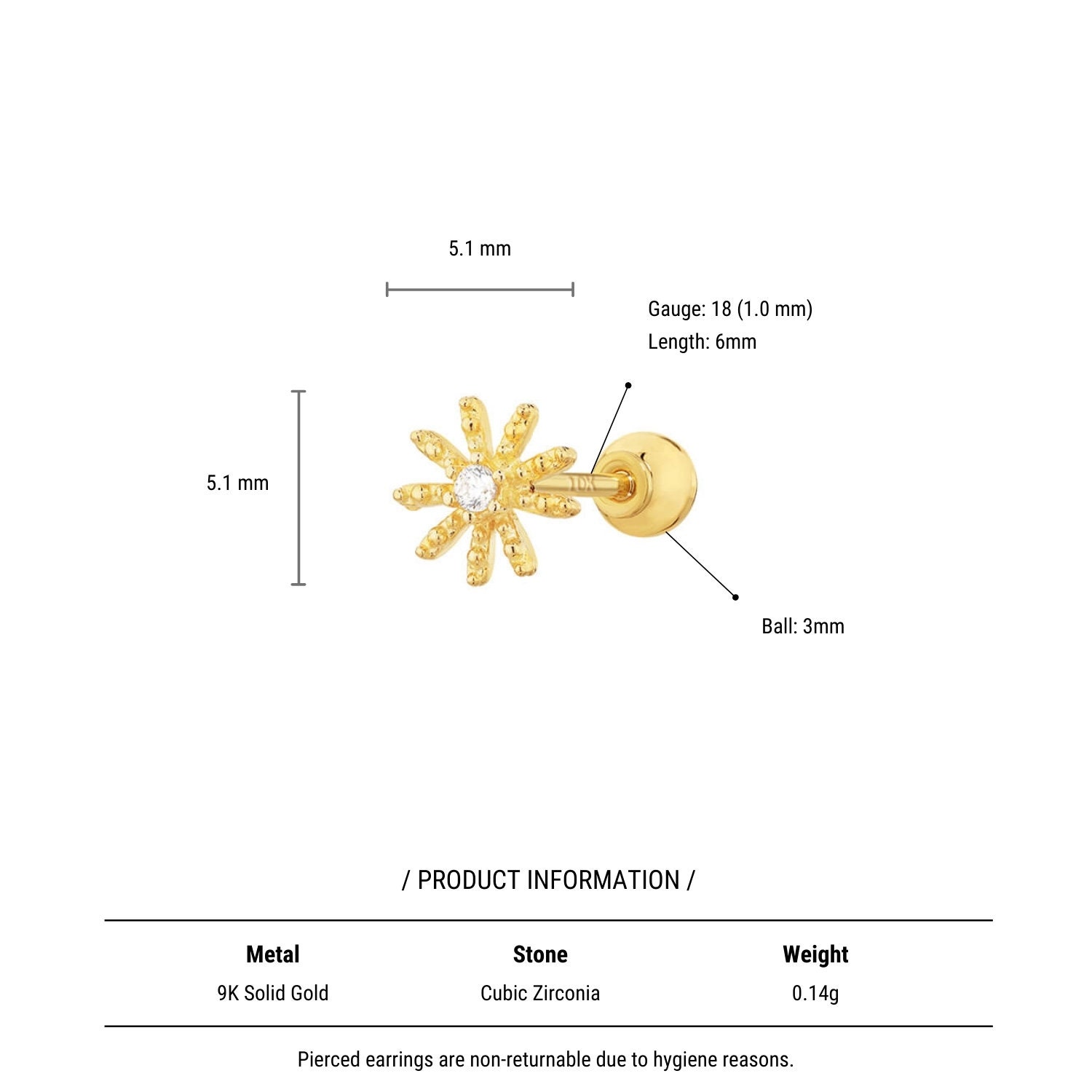 9K Solid Gold Textured Barbell 18G 6mm Length 9 Karat - Etsy UK