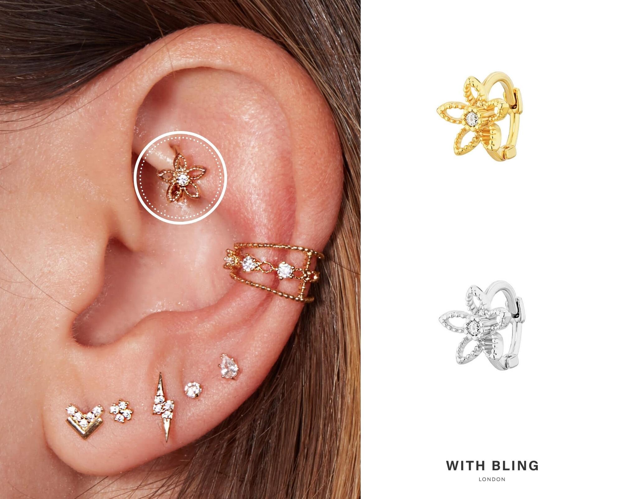 Hollow Flower Huggie Hoop 6mm Hoop Tragus Hoop Rook Hoop | Etsy UK