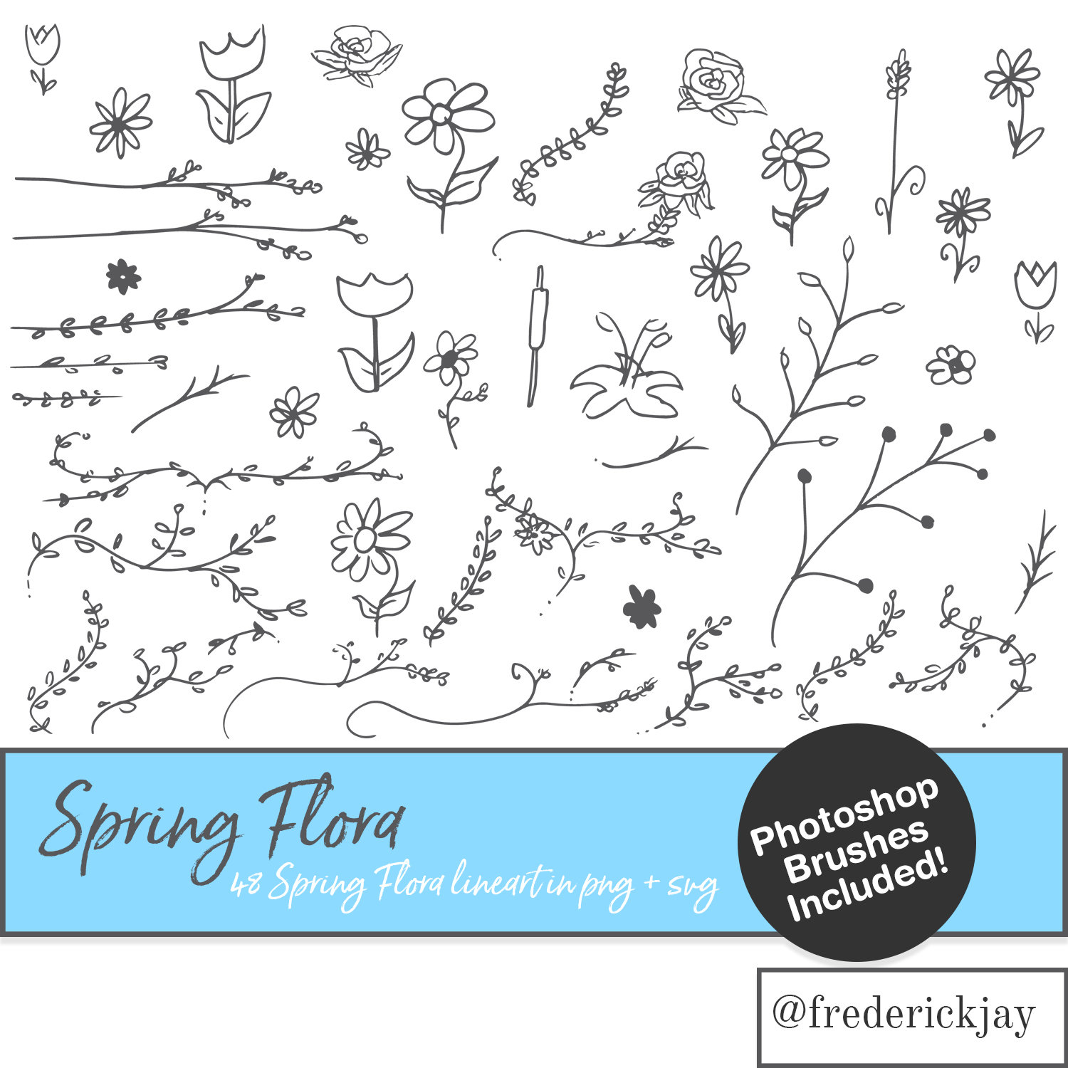 SPRING DOODLES BUNDLE, Hand-drawn, Frames, Flora, Lineart, Clipart ...