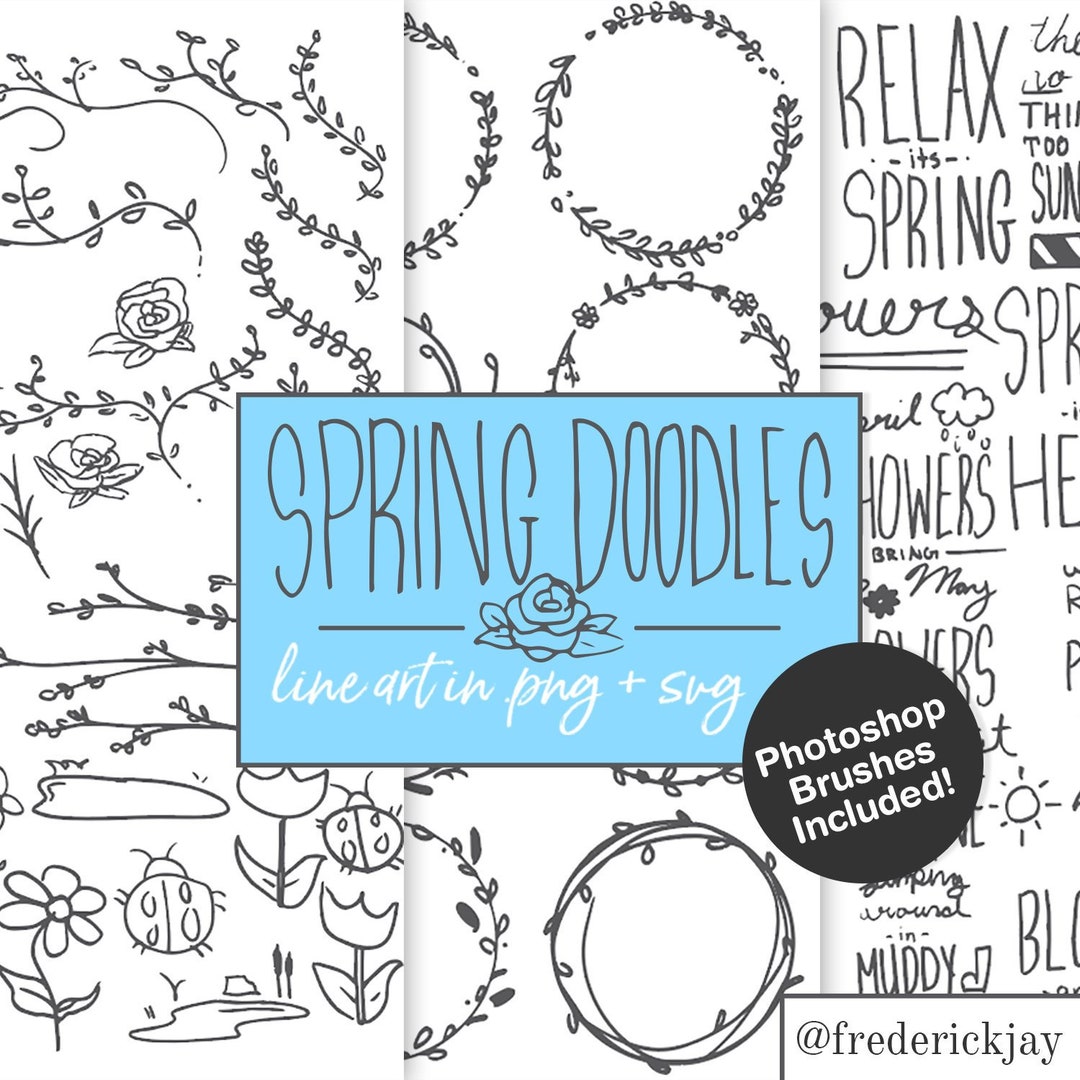 SPRING DOODLES BUNDLE, Hand-drawn, Frames, Flora, Lineart, Clipart ...