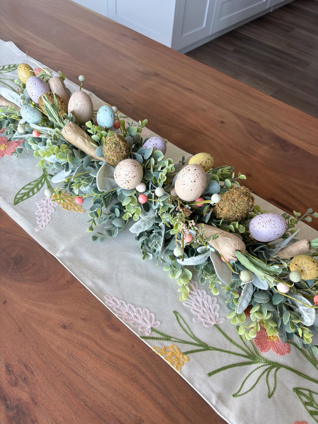 Easter Table Centerpiece, Long Dining Runner, Speckled Eggs and Carrots ...