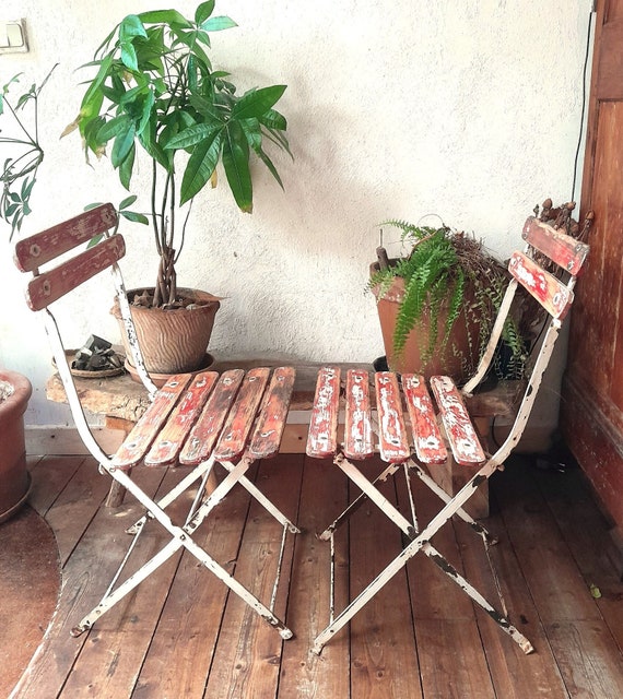 ONE LEFT Antique French Folding bistro Chair Wood Metal Patio Garden Interior Exterior Cafe Ambiance Shabby Chic. Etsy