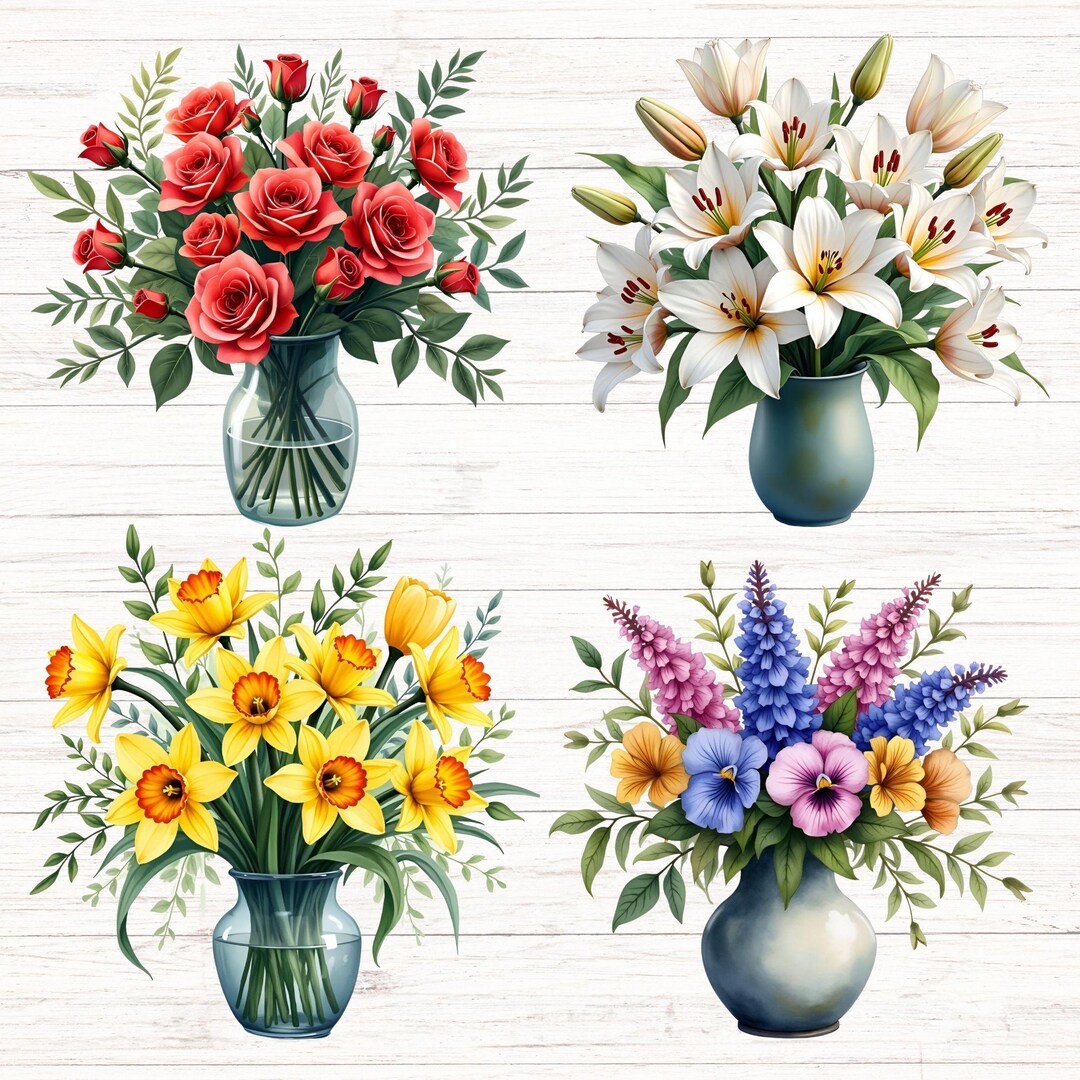 20 Floral Vase Digital Clipart. Colourful Clipart, Flower Clipart ...
