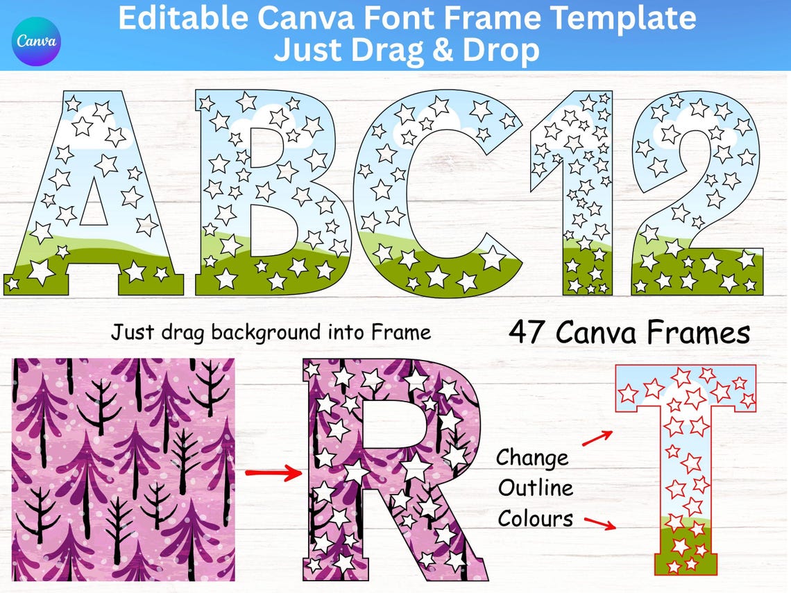 Star Alphabet Canva Frames. Upper Case & Numbers. Canva Editable ...