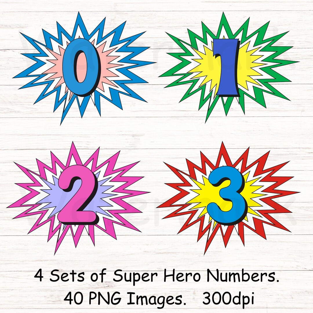Superhero Numbers Clipart, Cartoon Numbers Clipart Set, 4 Colour Sets ...