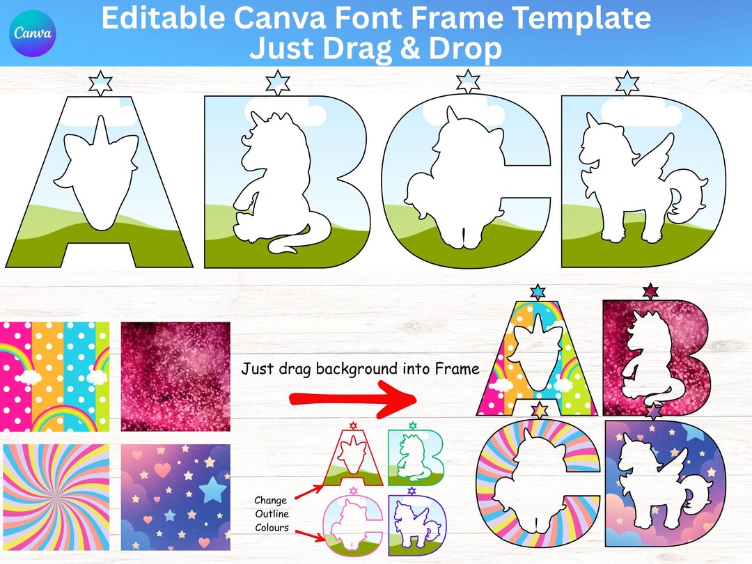 Unicorn Stars Canva Font Frame. Canva Editable Alphabet Set (digital ...