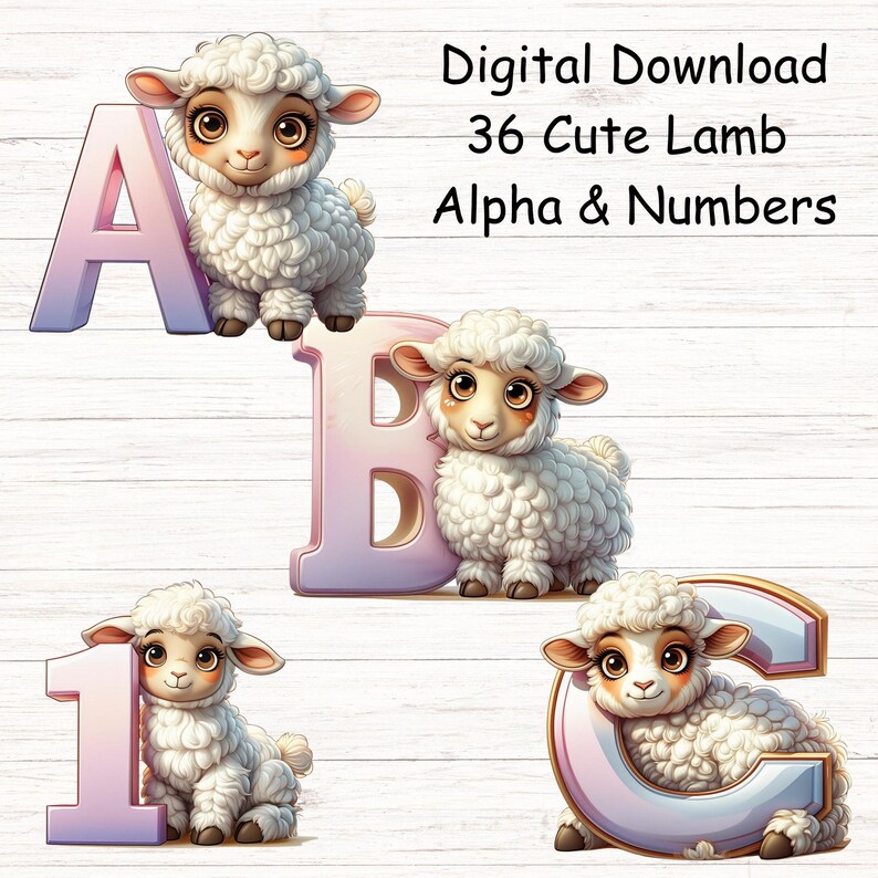 36 Cute Lamb Digital Clipart A-Z Alphabet and 0-9 Numbers. Digital ...