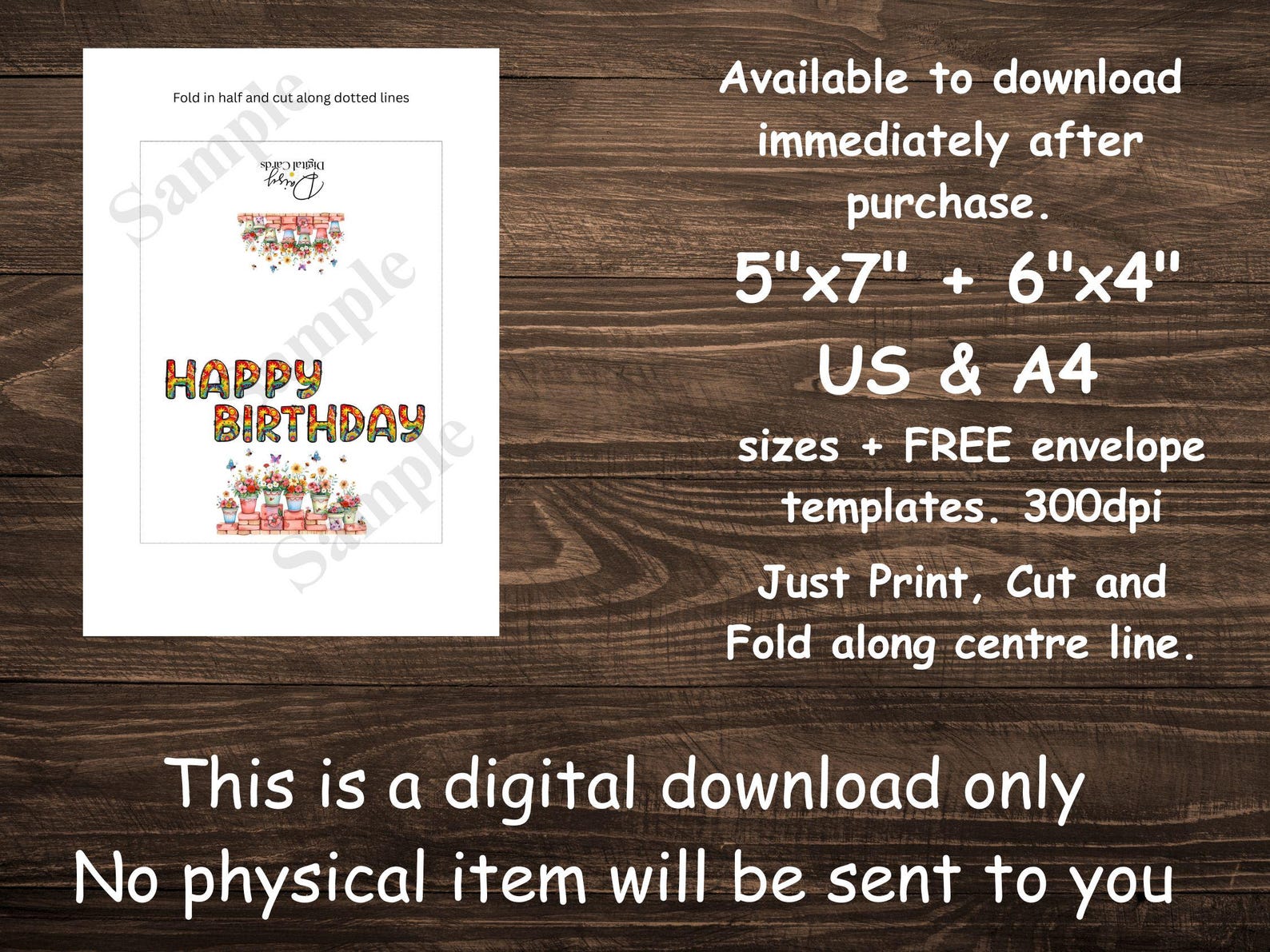 Printable Happy Birthday Card: Floral Pot Plant Design. Digital ...