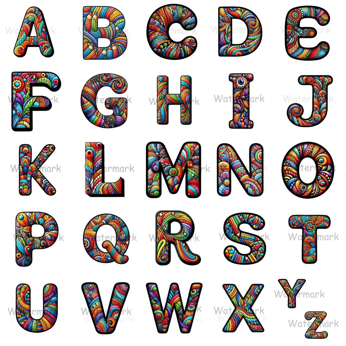 Multi Coloured Alphabet Clipart: 26 PNG Images. Digital Download ...