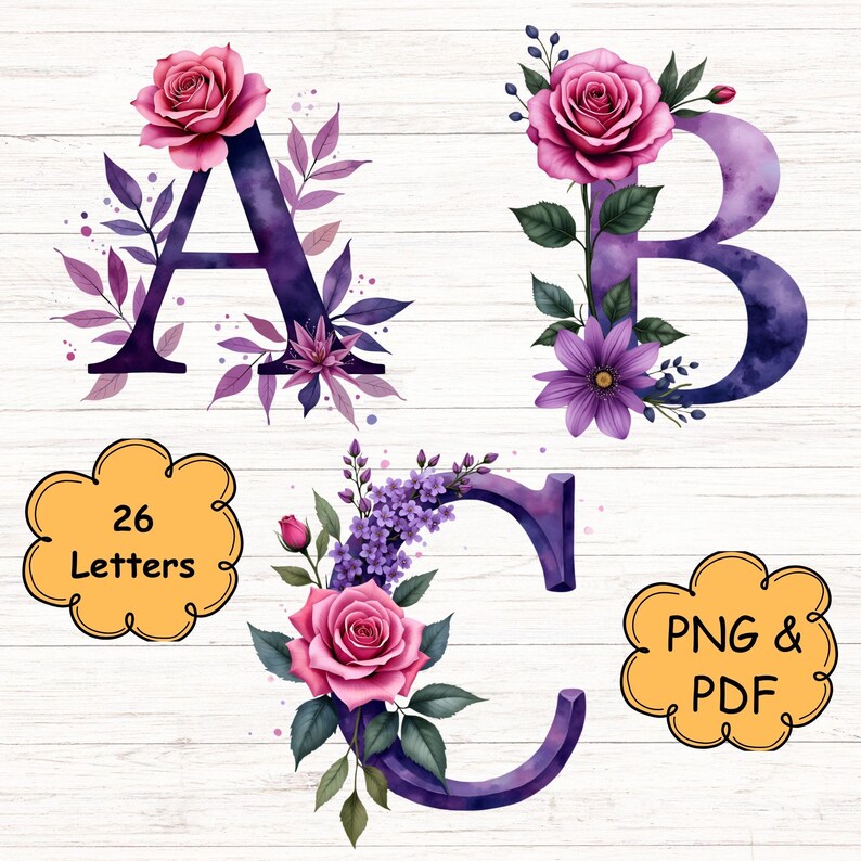 26 Digital Clipart Rose Floral Alphabet. Pinks and Purples Flower ...