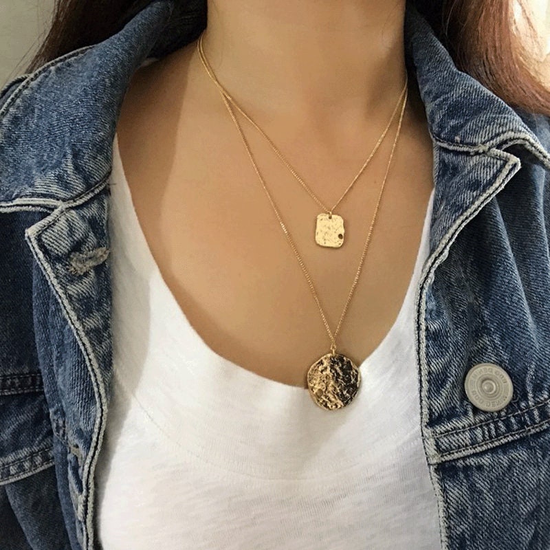 Coin Necklace Gold Layering Necklace Double Coin Layered - Etsy