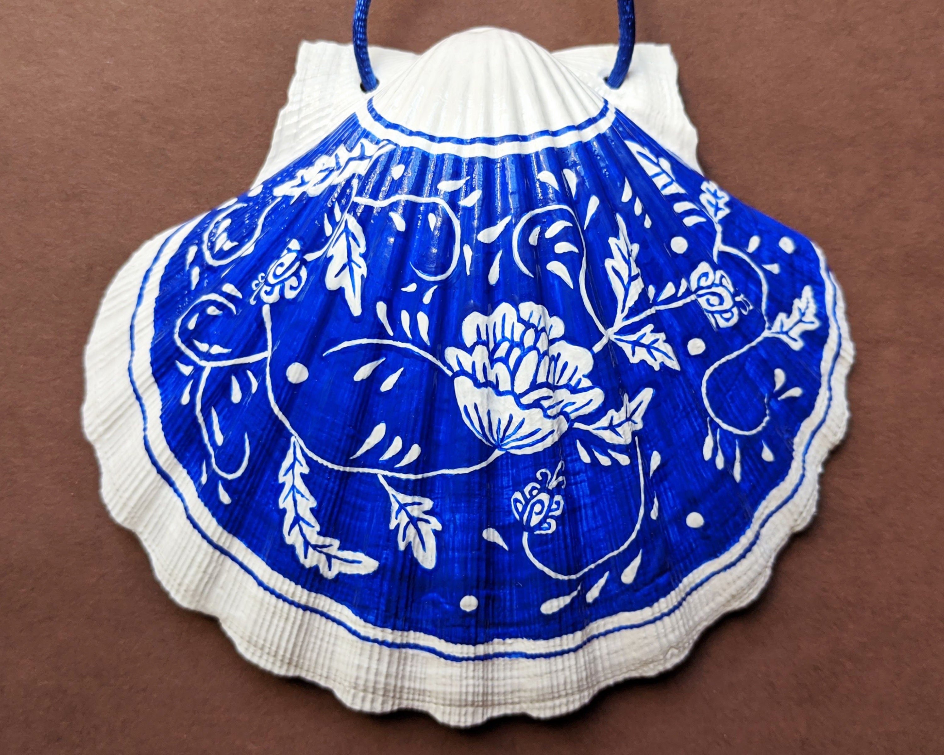 Hand Painted Shell-blue and White-hand Painted Seashell-scallop Shell ...