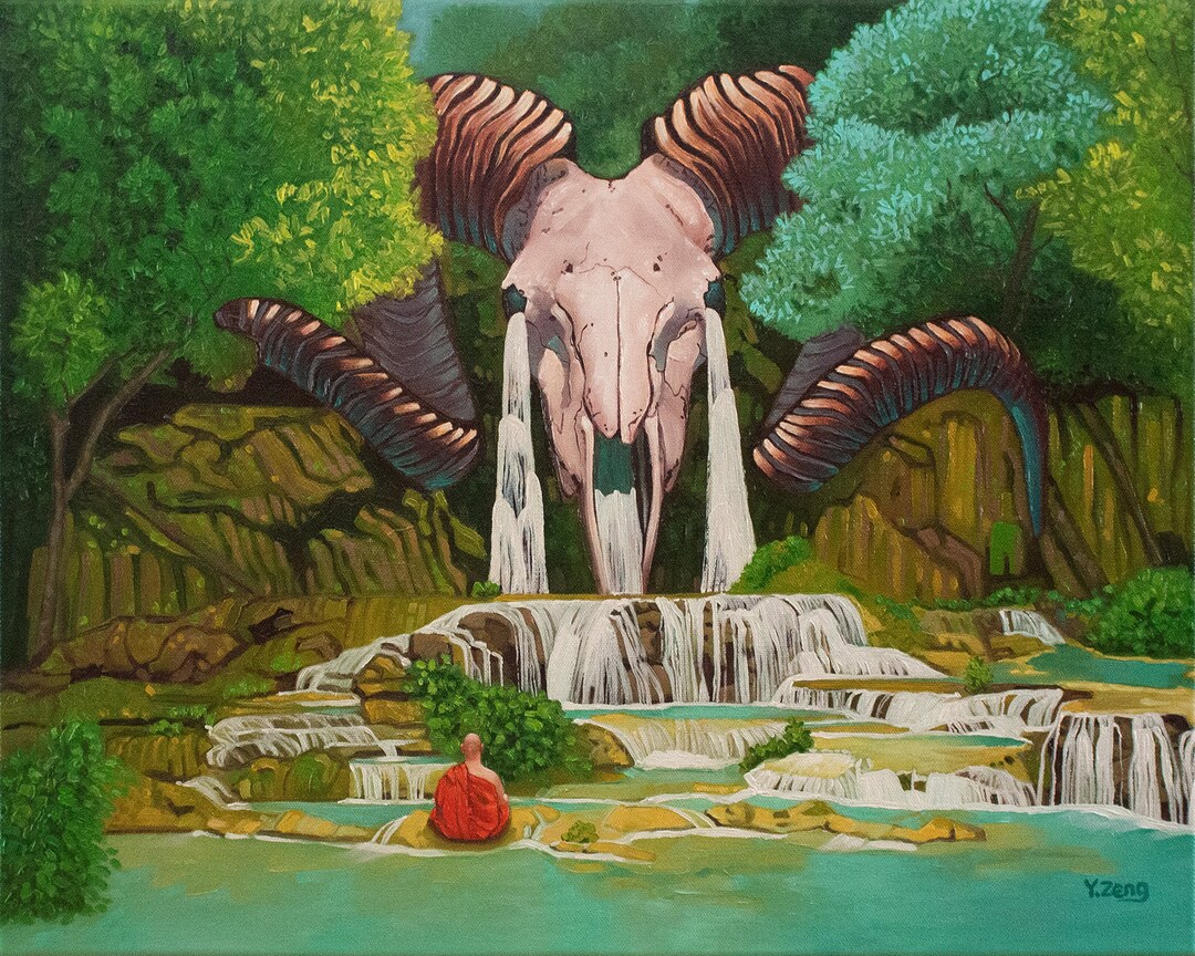 Ram Skull Waterfall-original Oil Painting-skull Waterfall-monk-animal ...