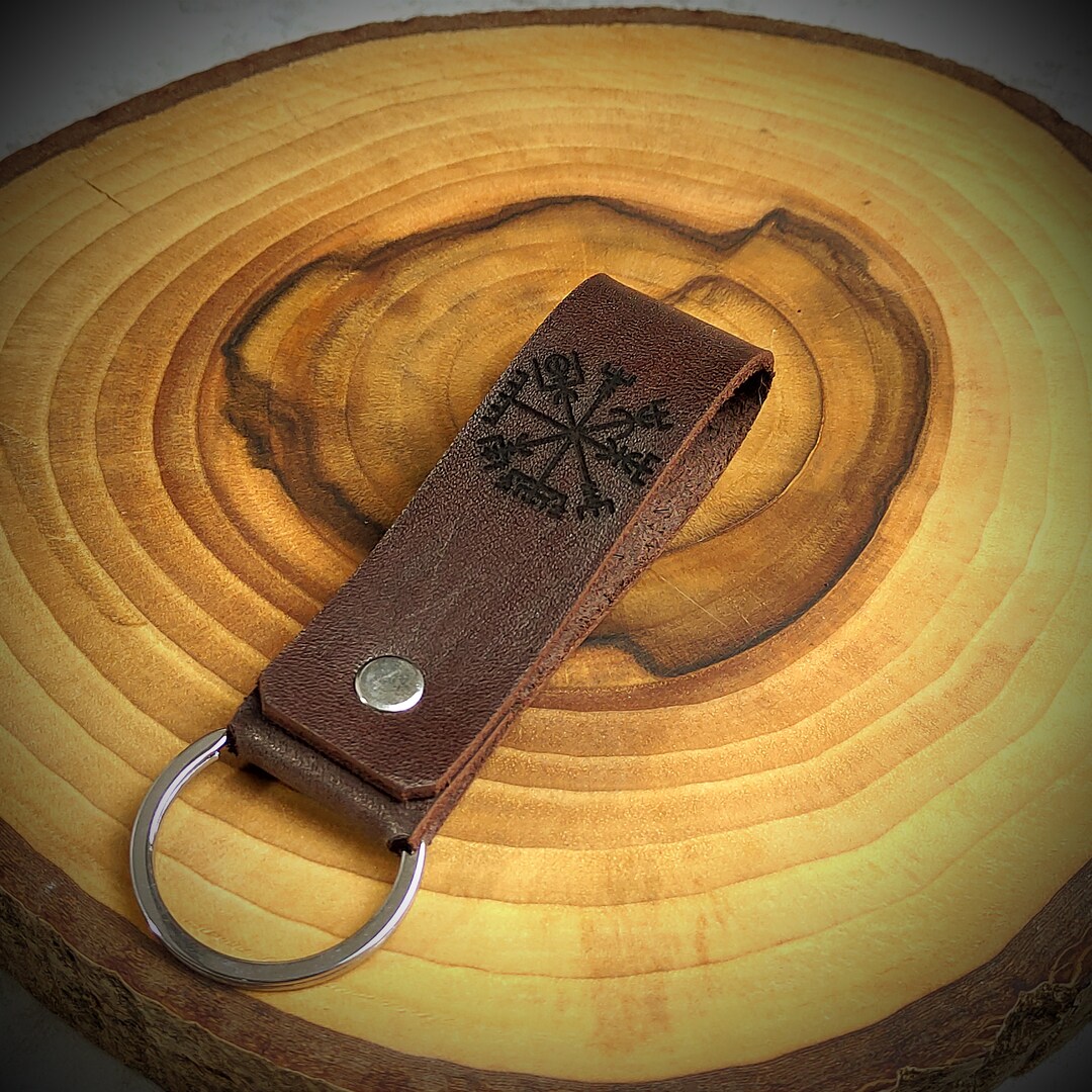 Viking Compass Leather Keychain, Runes Vegvisir Leather Key Ring ...