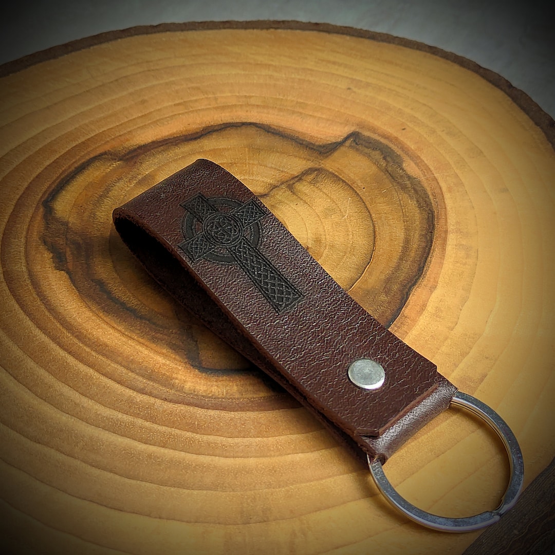 Celtic Leather Keychain, Celtic Cross Engraved Key Ring, Handmade ...