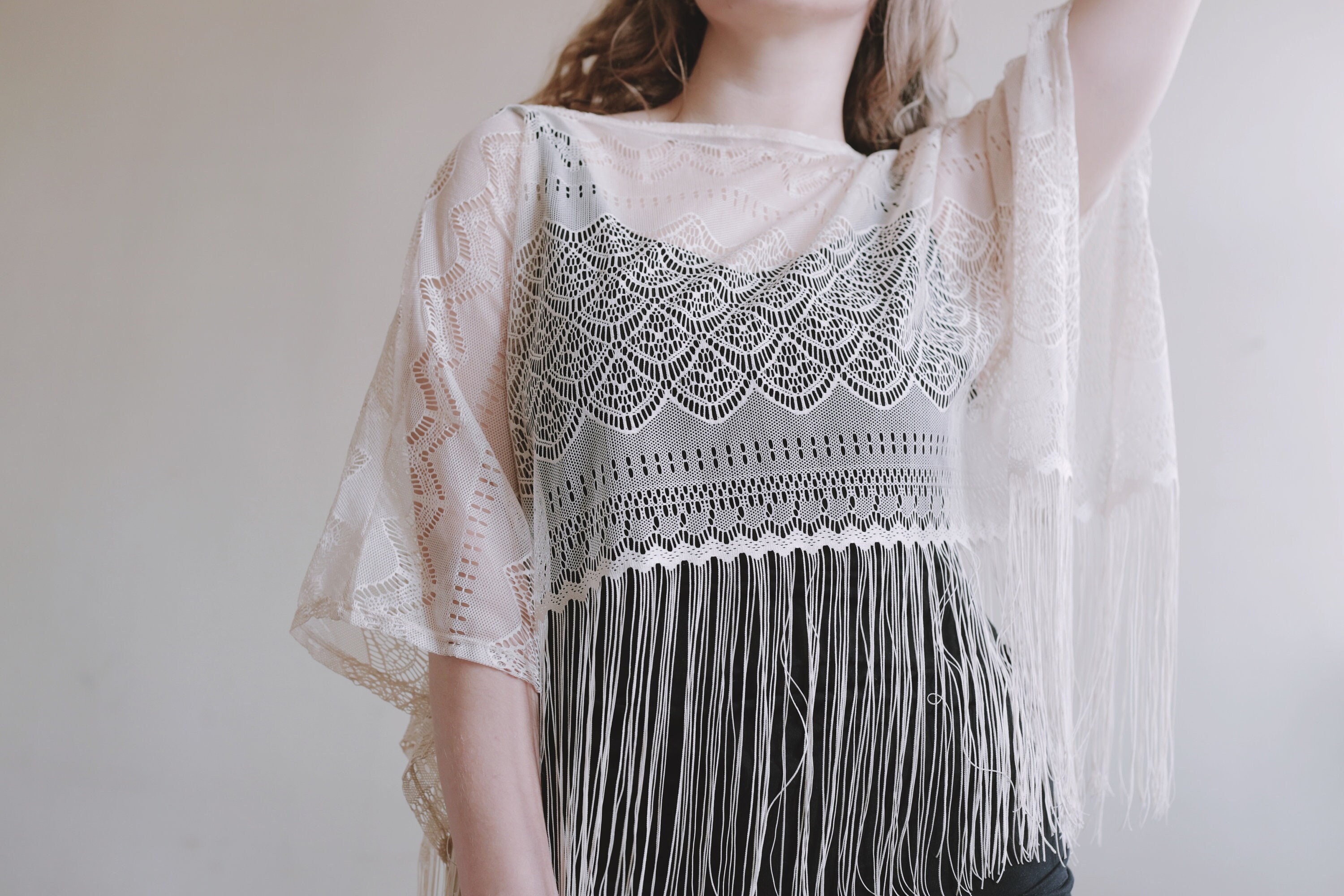 Vintage FRINGE TOP Beige Laced Fringed One Size Shirt Retro Ivory ...