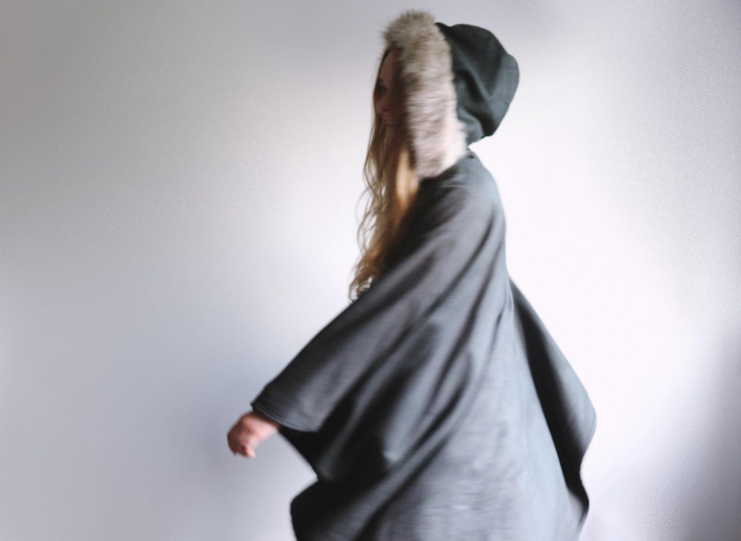 Vintage HOODED CAPE Grey Fairytale Fur Detail Midi Cottagecore Cloak ...