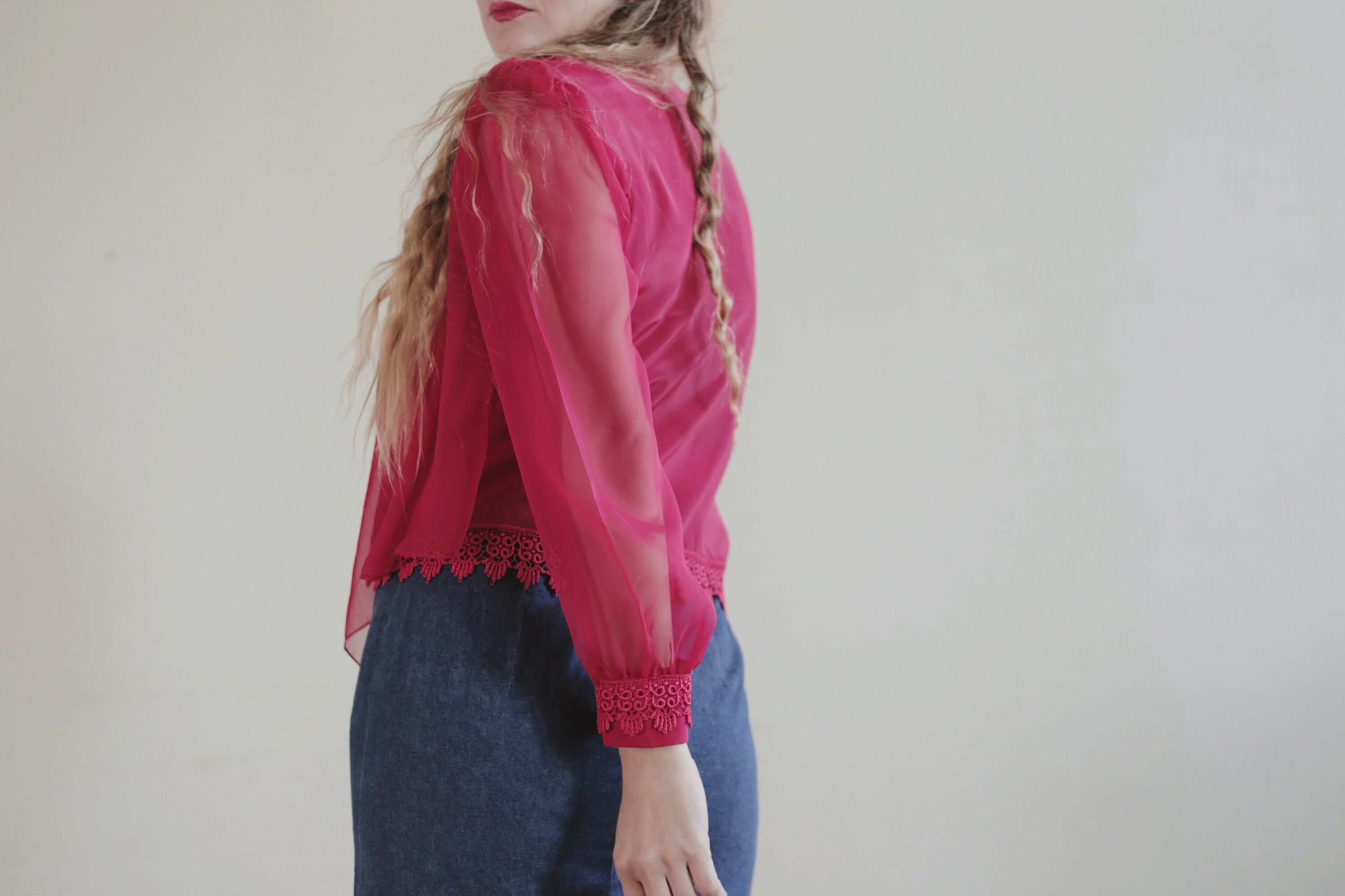 Buy Vintage BLOUSE Ruby Red Laced Silky Women's Bright Double Online in ...