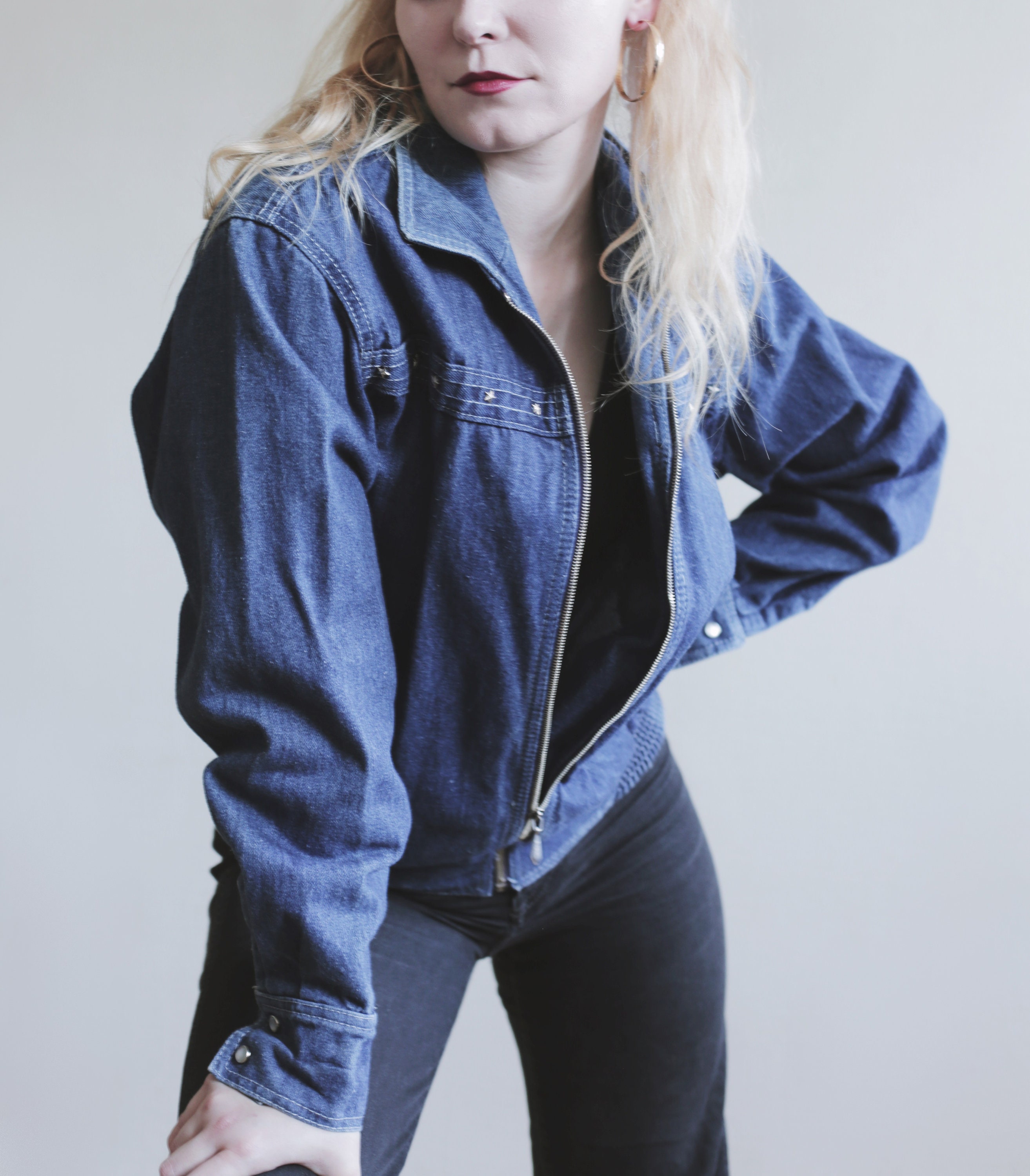 Vintage DENIM BOMBER JACKET Dark Blue Blue Star Decorated - Etsy