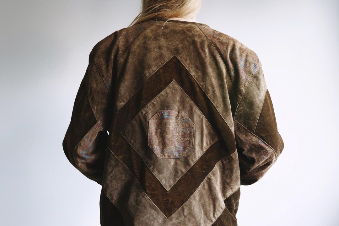 Vintage SUEDE PATCHWORK JACKET Dark Brown Genuine Real Leather ...