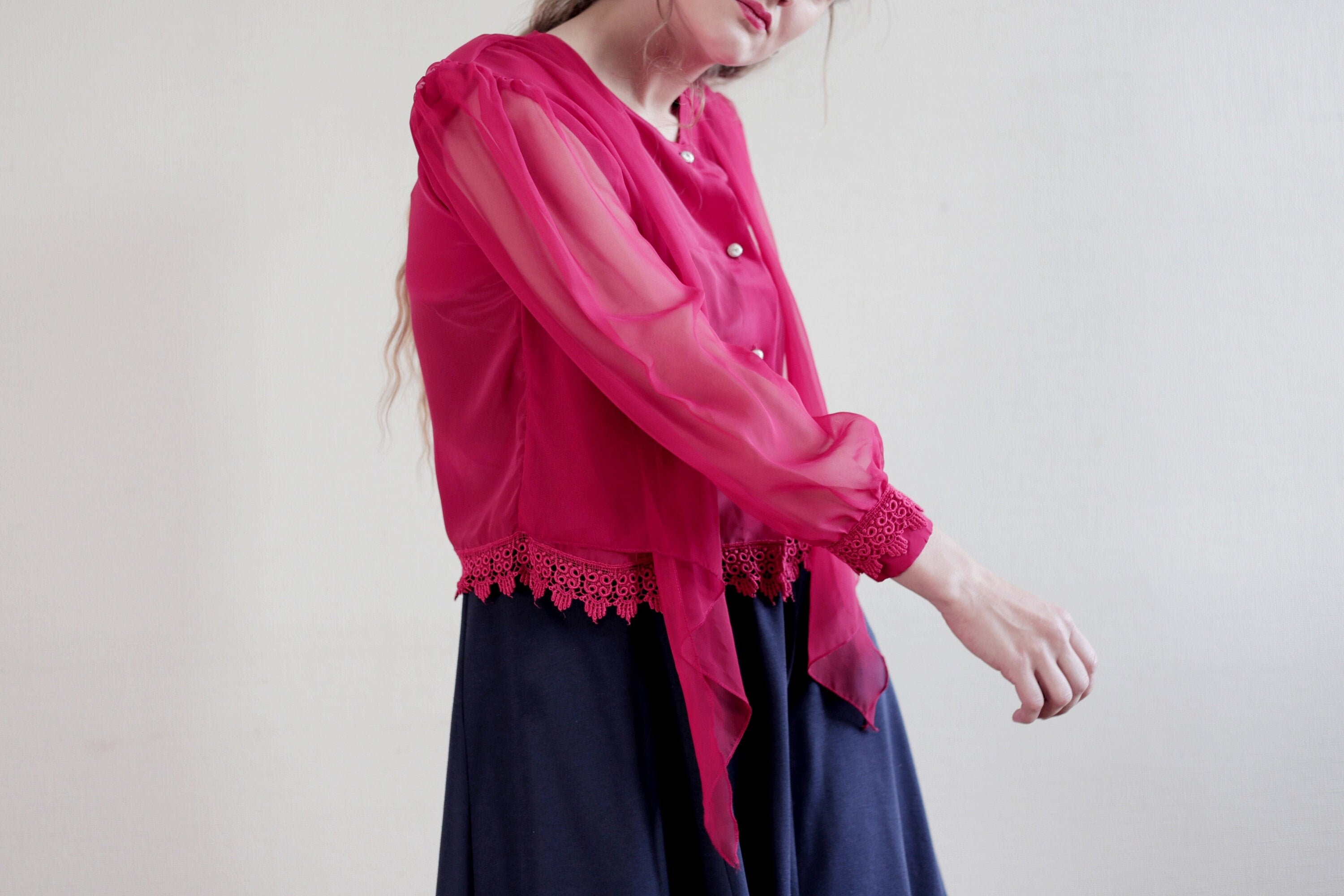 Buy Vintage BLOUSE Ruby Red Laced Silky Women's Bright Double Layered ...