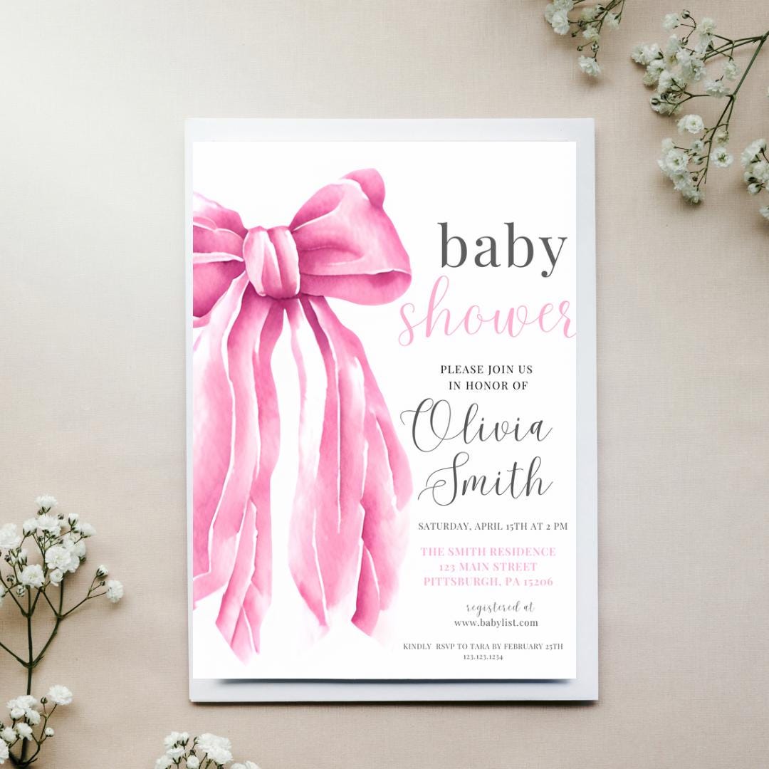 Pink Bow Baby Shower, Pink Ribbon, Baby Shower Invitation, Baby Girl ...