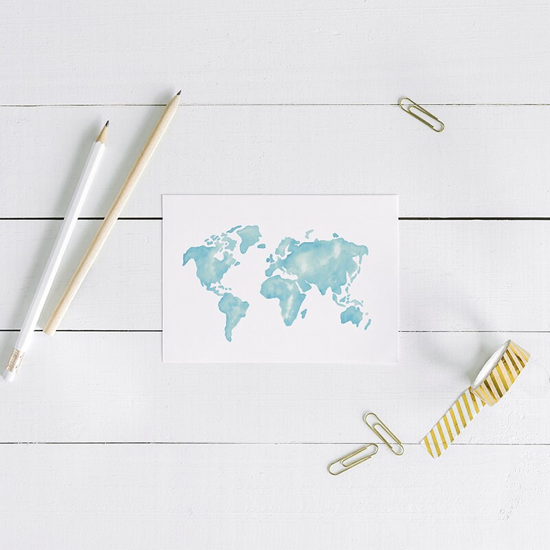 Postcard world Map // Map Watercolor World Map, Hand-painted Map ...