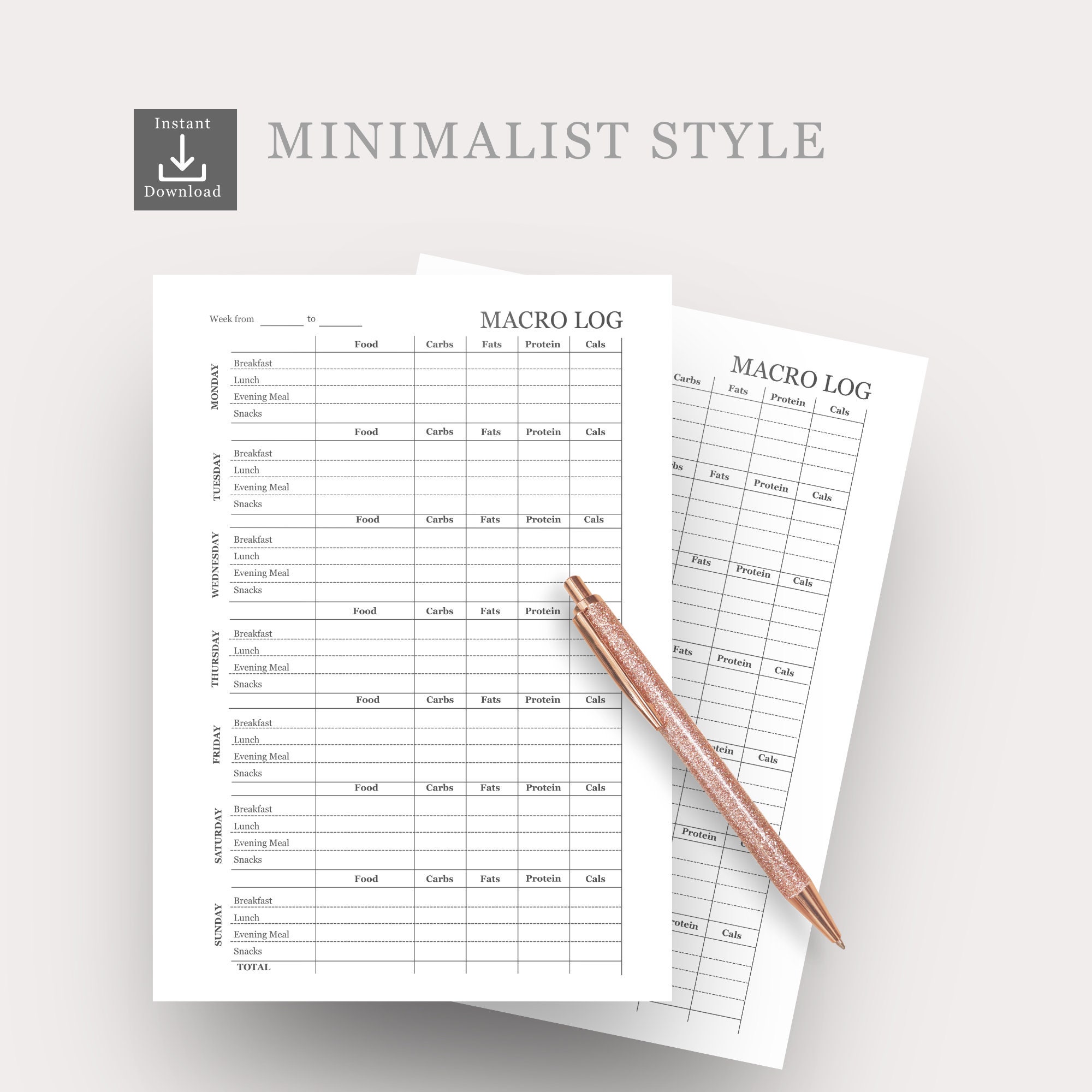 Printable Macro Tracker, Minimalist Macro Log Sheet, Meal Planner ...
