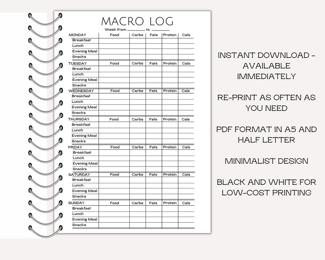 Printable Macro Tracker, Double-sided Macro Log Sheet, Food Health ...