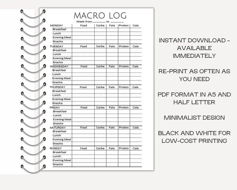 Printable Macro Tracker, Double-sided Macro Log Sheet, Food Health ...