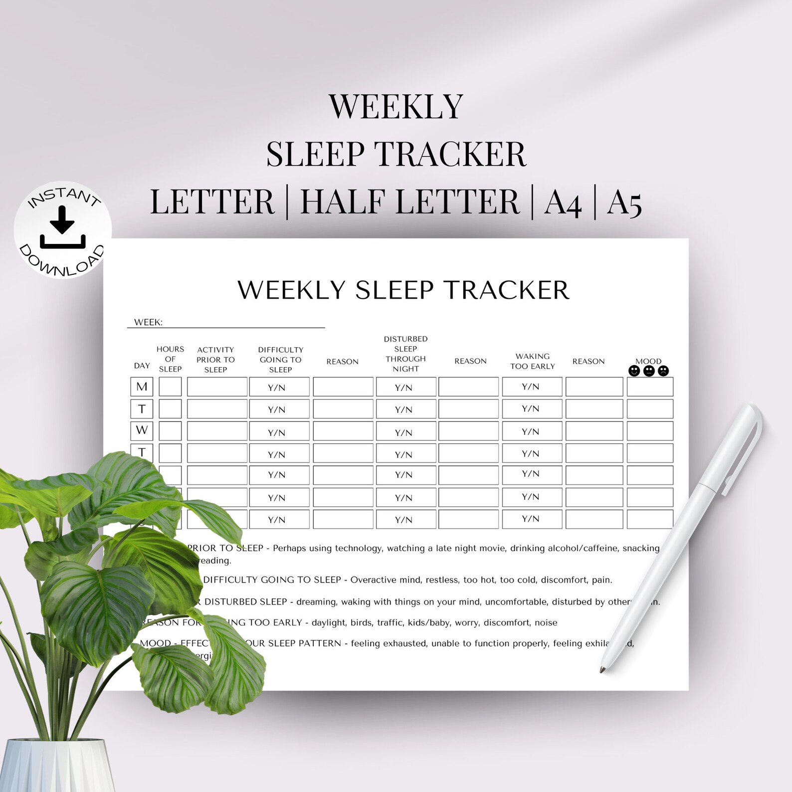 Weekly Sleep Tracker Printable PDF, Sleep Log Planner Insert, Sleep ...