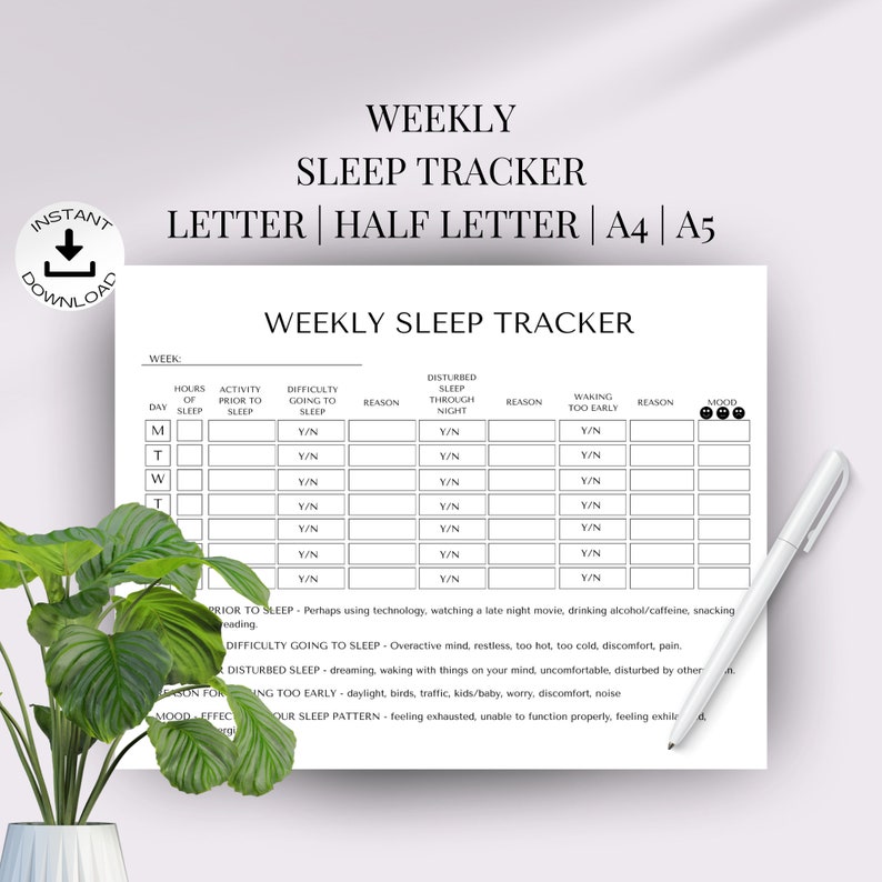 Weekly Sleep Tracker Printable PDF, Sleep Log Planner Insert, Sleep ...