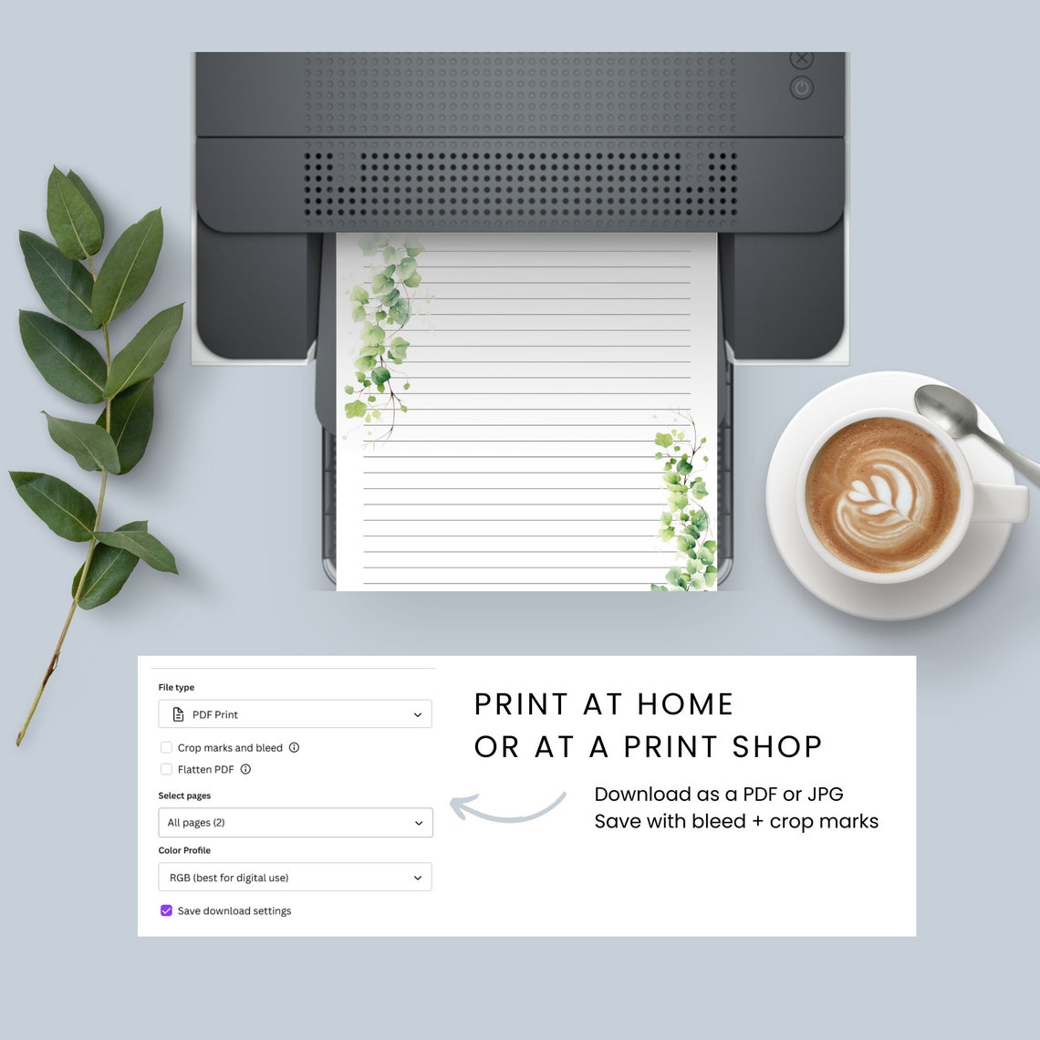 Printable Writing Paper Set, Stationery Printable, Paper Set, Greenery ...