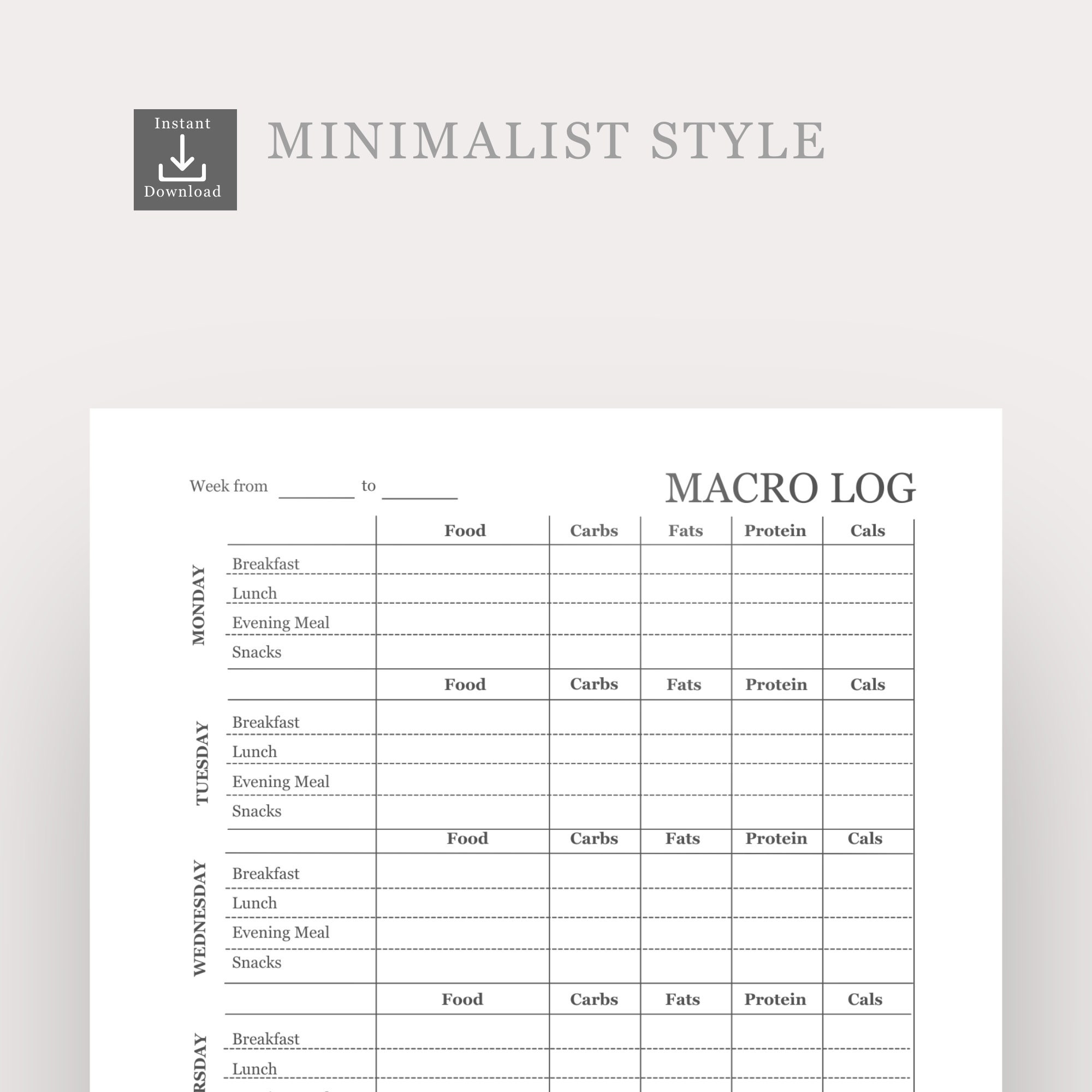 Printable Macro Tracker, Minimalist Macro Log Sheet, Meal Planner ...