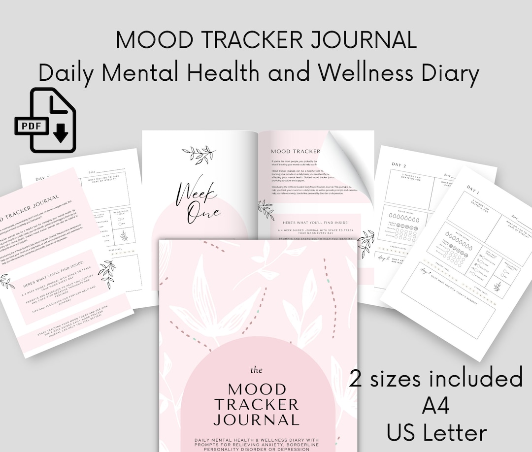 Mood Tracker Journal Printable, Self-care Diary, Mental Health Workbook ...