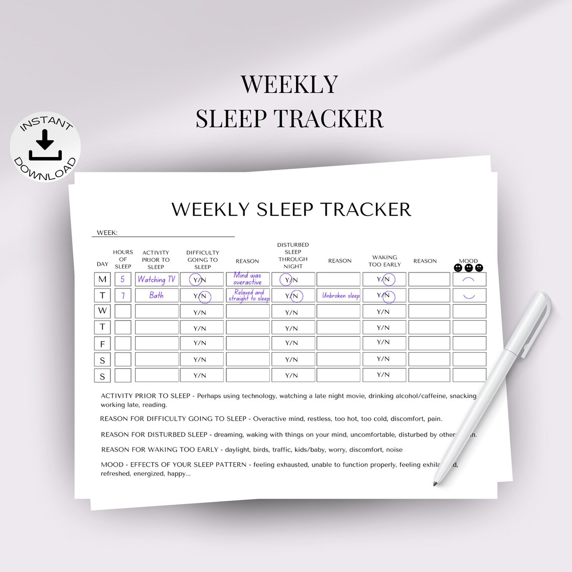 Weekly Sleep Tracker Printable PDF, Sleep Log Planner Insert, Sleep ...
