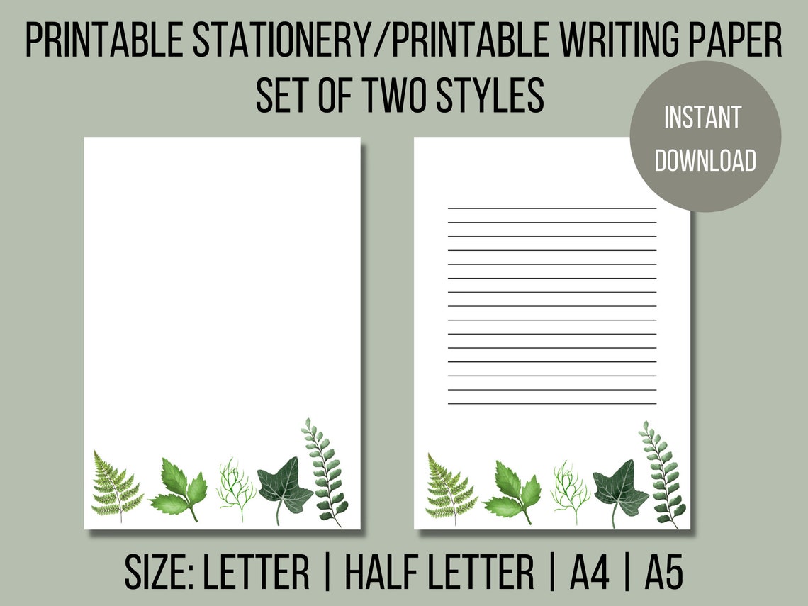Green Leaves Printable Letter Writing Paper Nature Greenery | Etsy