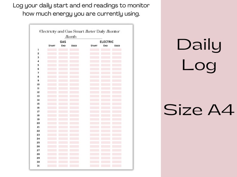 Energy Usage Log, Electricity and Gas Budgeting Record Sheet, Energy Budget Planning, Cutting ...