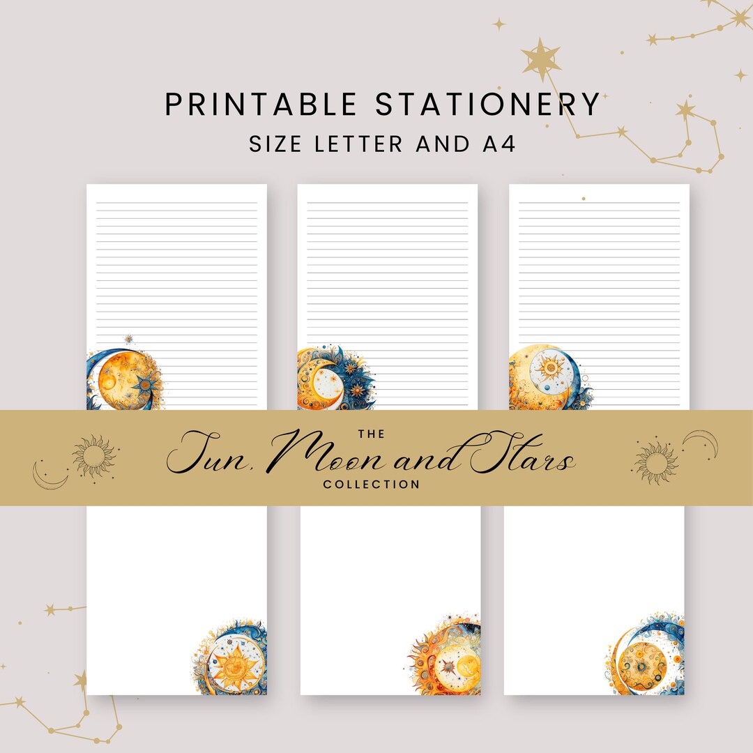 Printable Writing Paper Set, Stationery Printable, Paper Set, Sun Moon ...