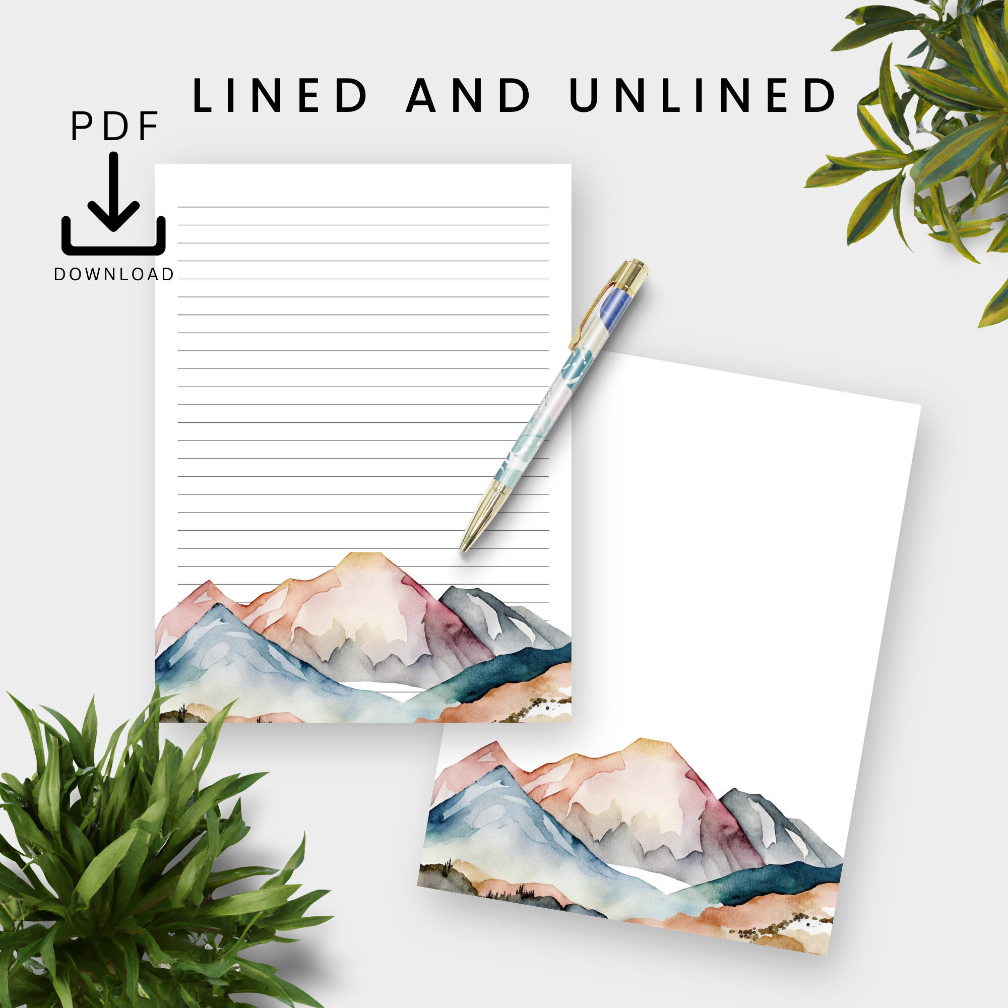 Printable Writing Paper Set, Stationery Printable, Paper Set, Hills and ...