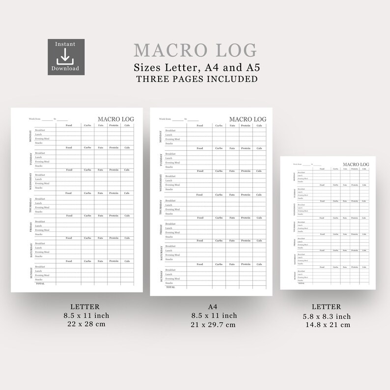 Printable Macro Tracker, Minimalist Macro Log Sheet, Meal Planner ...