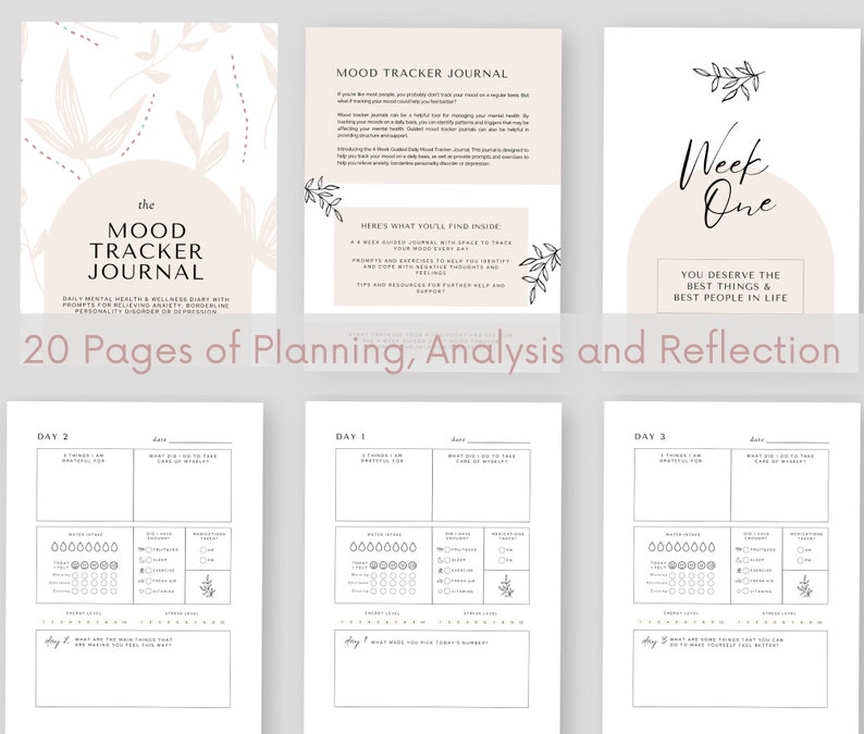 Mood Tracker Journal Printable, Self-care Diary, Mental Health Workbook ...