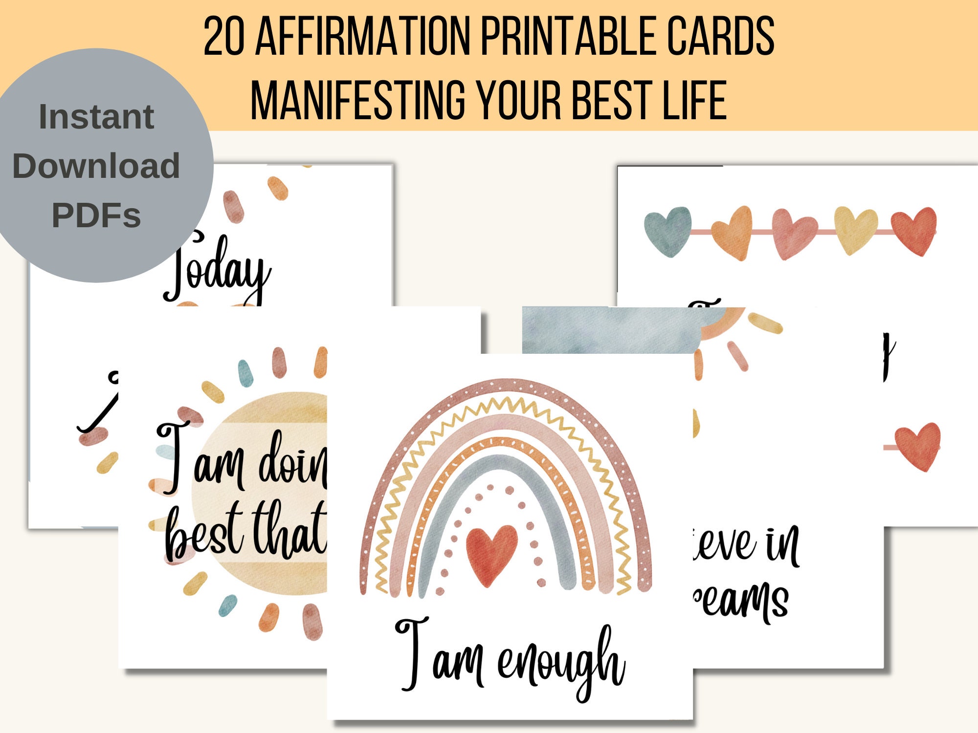 Affirmation Cards, Rainbow Neutral Tone Printable PDF Digital Download ...