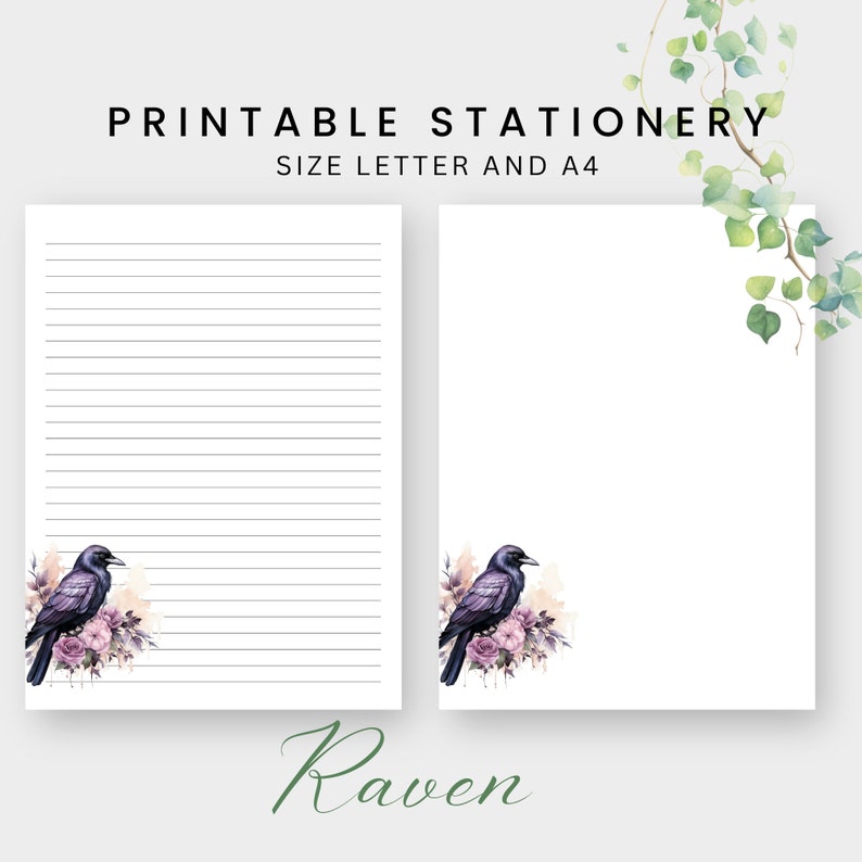 Printable Writing Paper Set, Stationery Printable, Paper Set, Raven ...
