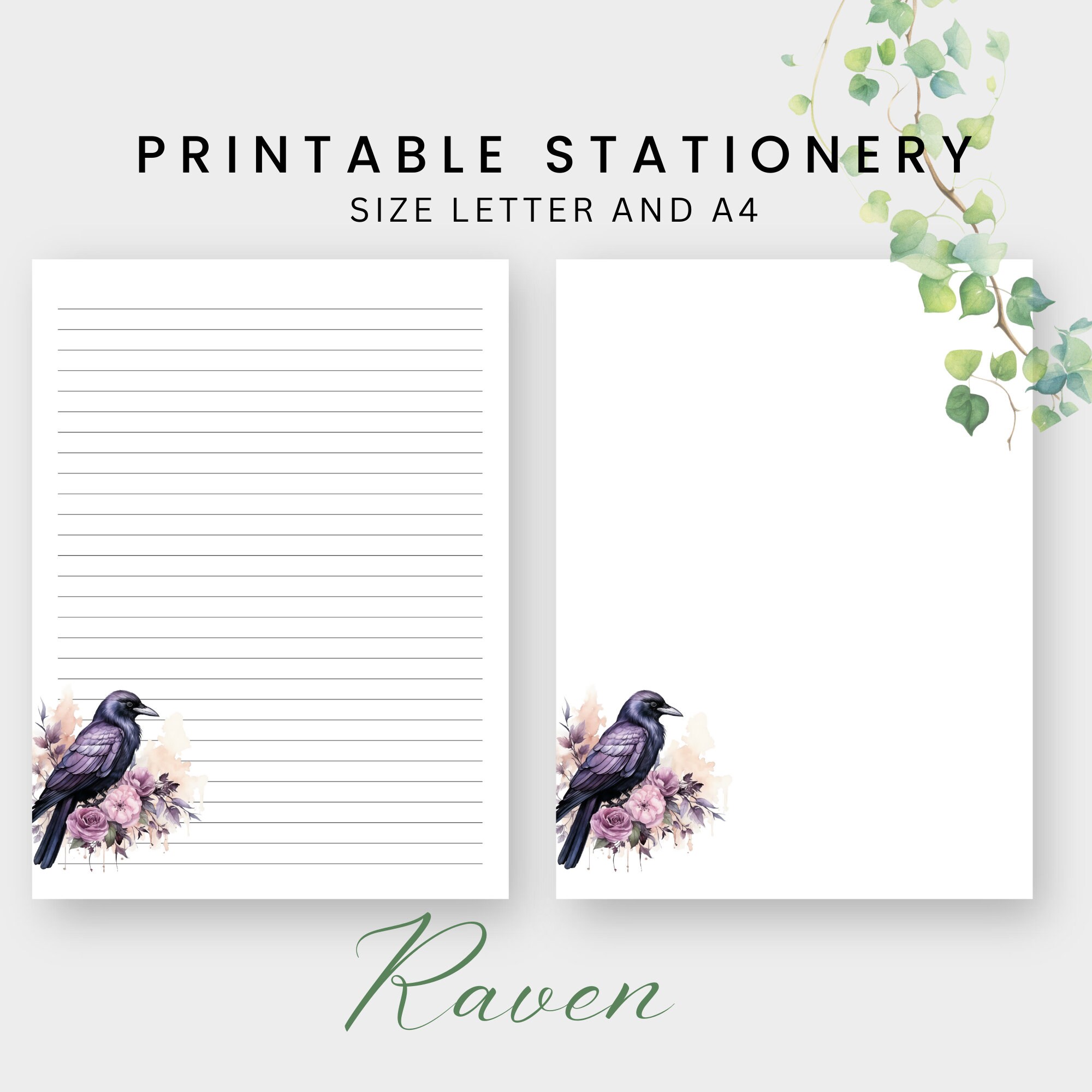 Printable Writing Paper Set, Stationery Printable, Paper Set, Raven ...